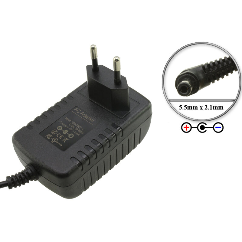 Адаптер (блок) питания 9V, 0.6A - 1A, 5.5mm x 2.1mm (PSA-230s), угловой штекер, отрицательная полярность, для весов CAS