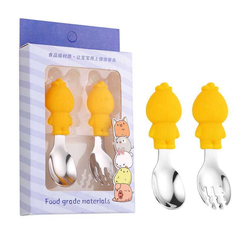 Набор детских ложки и вилки из нержавеющей стали 304 с желтой курочкой, детское питание, 2 предмета
