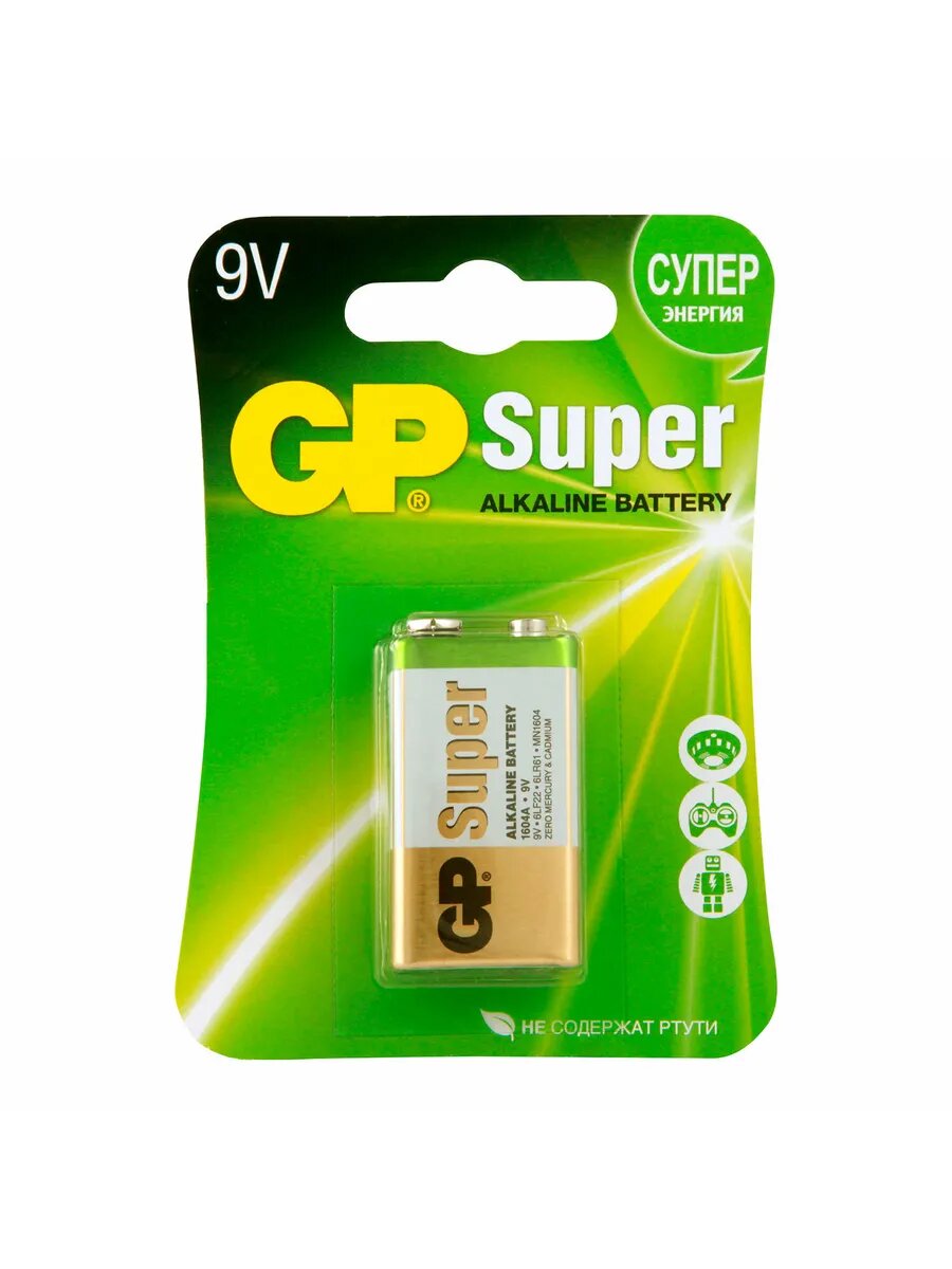 Батарейка, "Крона" (6LR61, 6LF22, 1604A), алкалиновая, 1 шт, в блистере.