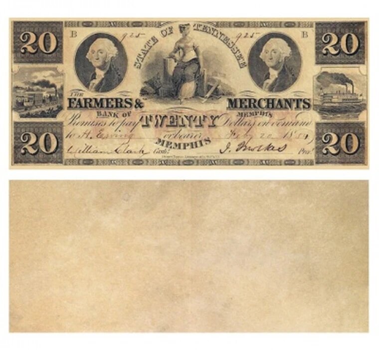 20 долларов 1854 США штат Теннесси, Мемфис, сувенирная копия, банкноты и купюры редкие коллекционные