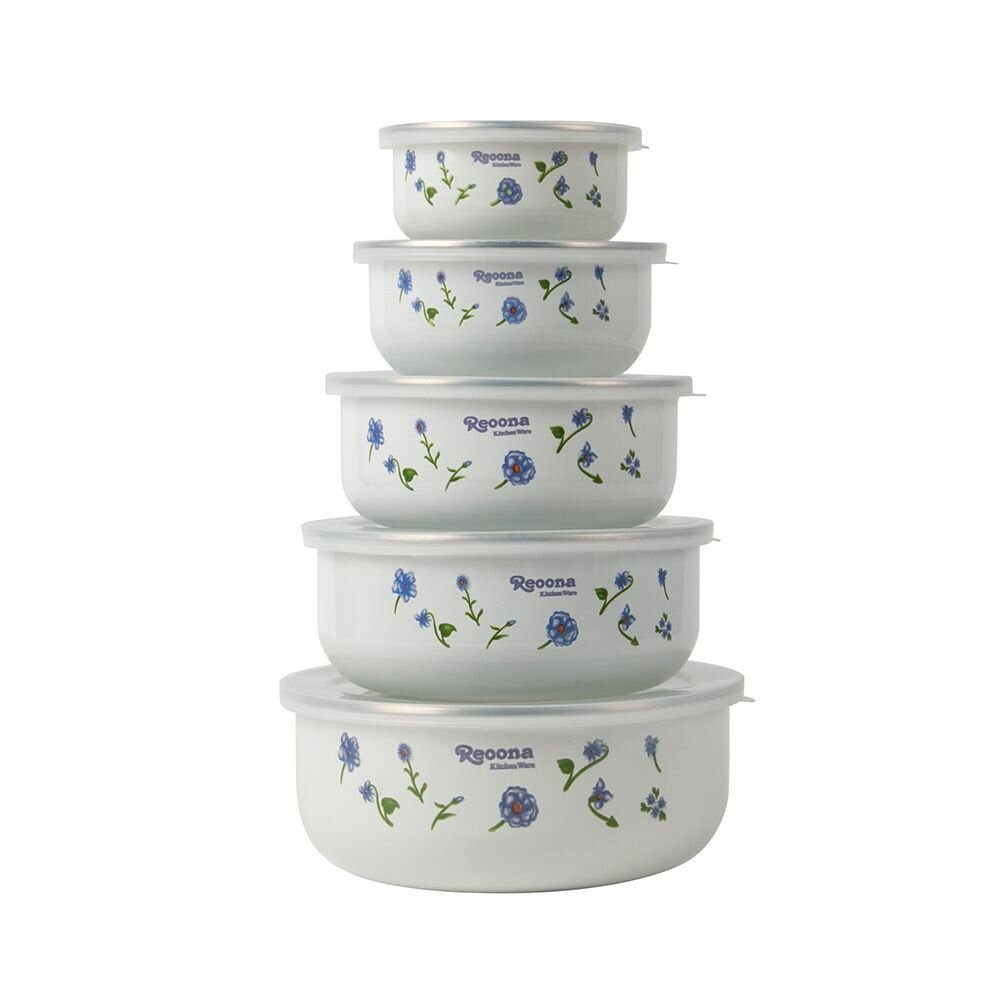 Набор из пяти старинных эмалированных герметичных мисок с крышками