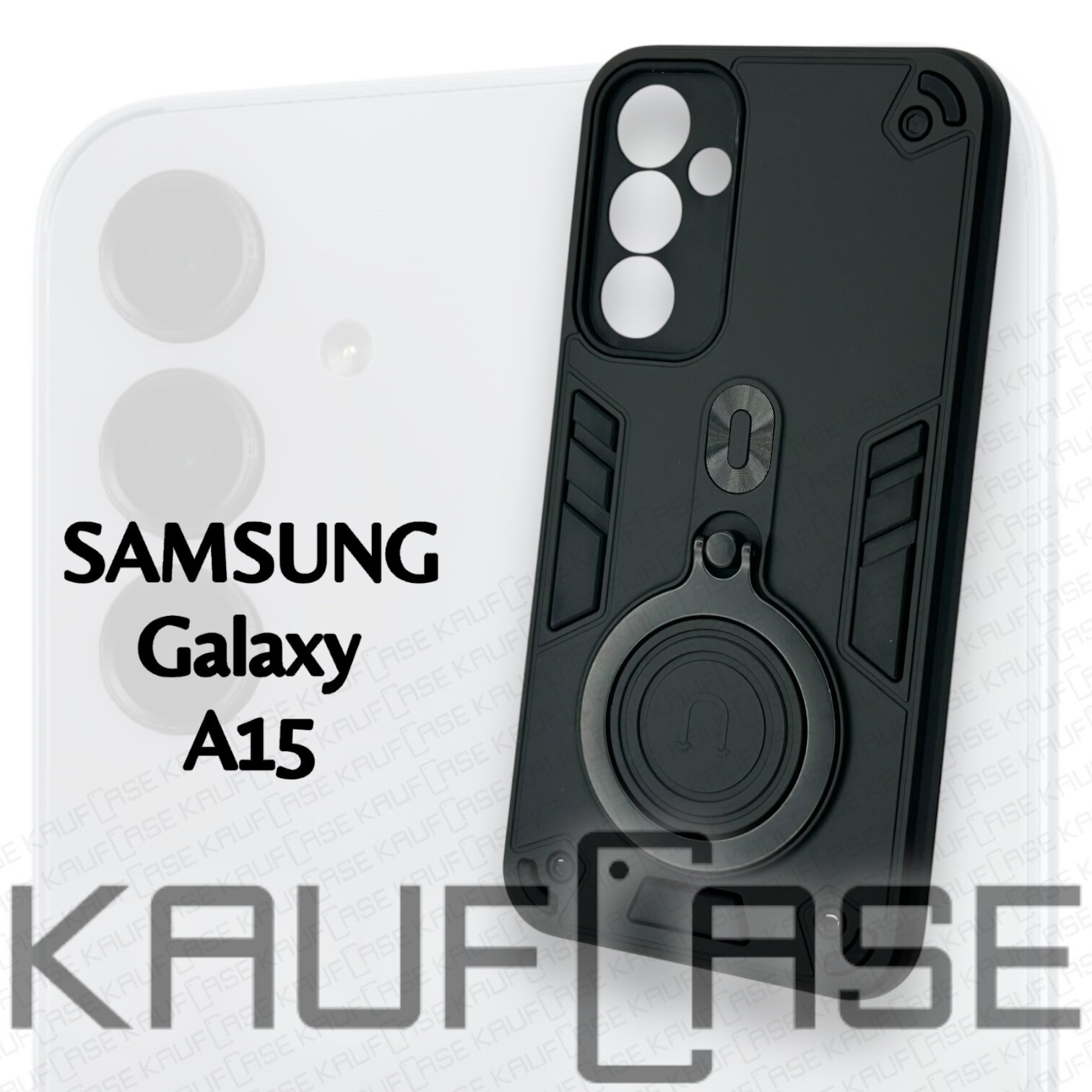 Противоударный чехол на Samsung A15 (6.5"), черный. Кольцо-держатель и магнитное крепление, яркие пластиковые защитные вставки