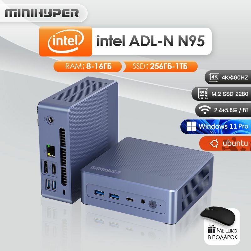 Мини ПК MiniHyper Быстро (Intel N95, RAM 16+512, Intel UHD Graphics, Windows 11 Pro), черный матовый