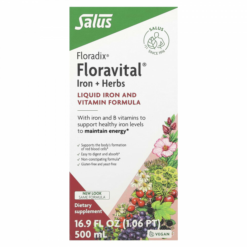 Floradix, Floravital®, железо и травы, 500 мл (16,9 жидк. унции)