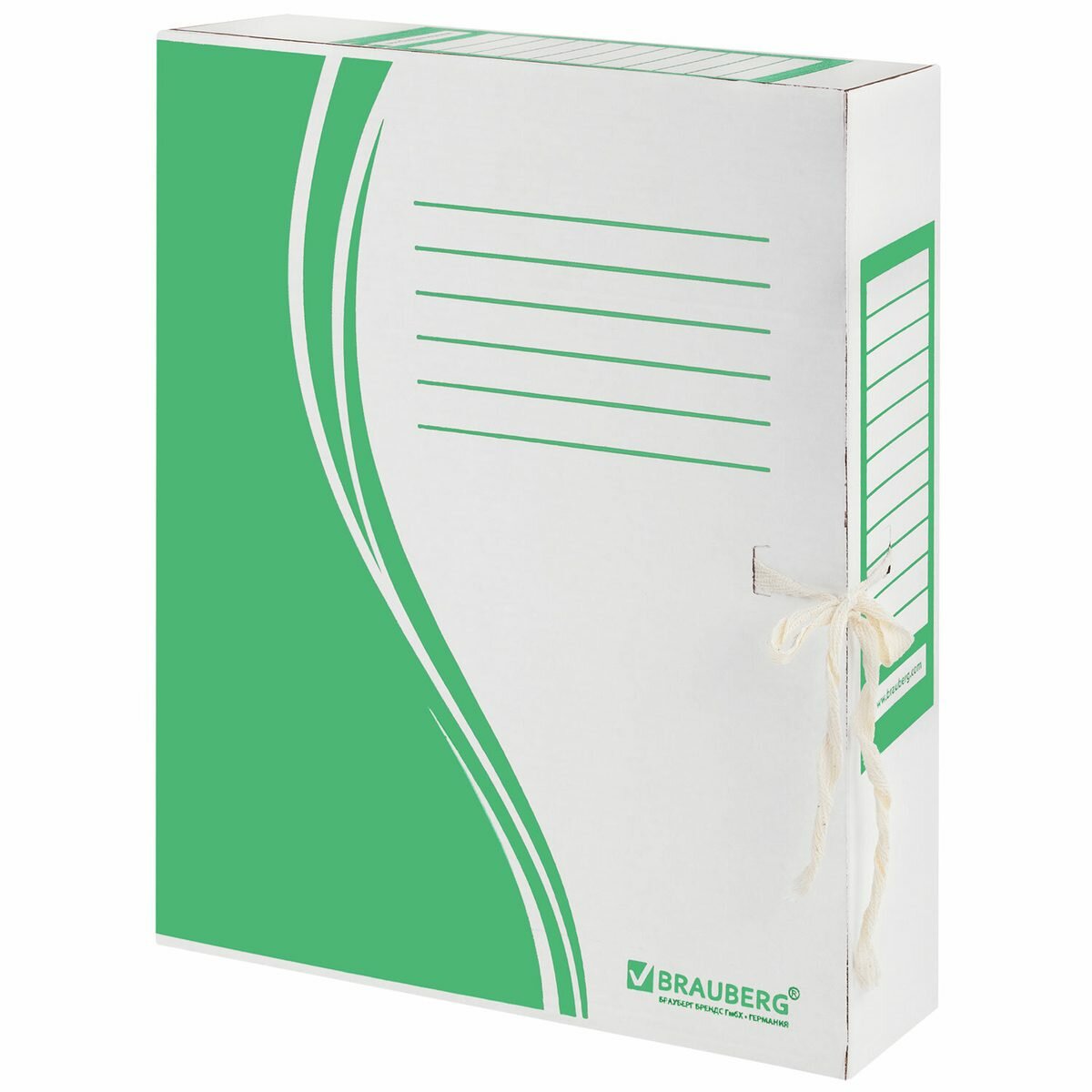 Папка архивная с завязками Brauberg (А4, корешок 75мм, до 700л, 2 завязки, микрогофрокартон) зеленая (124851)