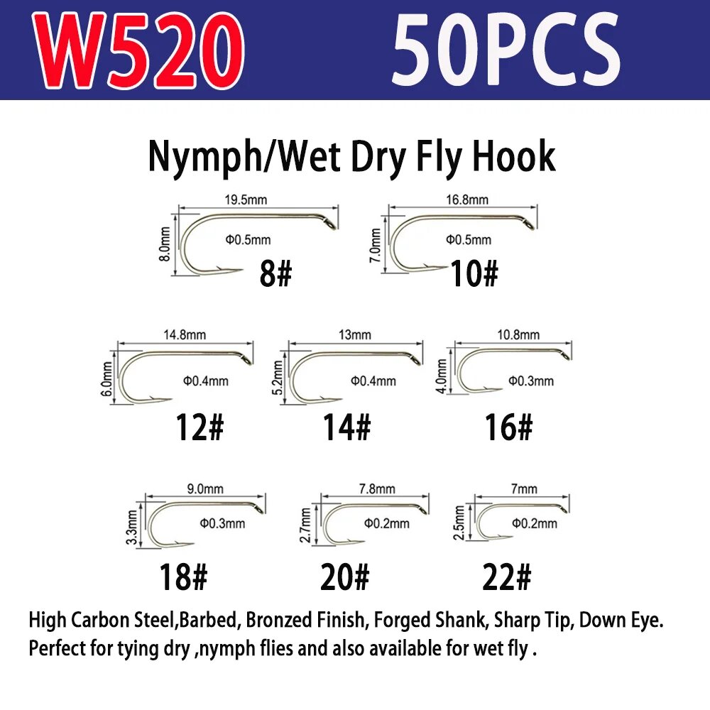 Vampfly Мушки крючки W520, 50шт, Size 20