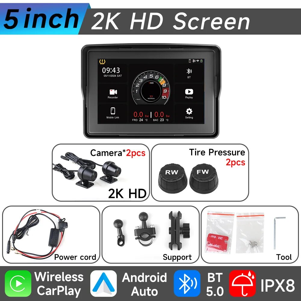 Мотоциклетный GPS-навигатор 5" 2K HD, CarPlay, Android Auto, Bluetooth 5.0, IP67, M752-TM