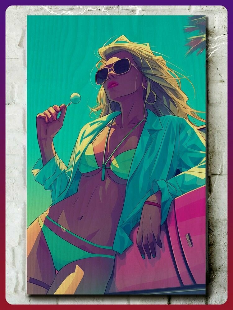 Картина интерьерная на дереве Разное Девушка (Пляж, лето, машина, тепло) - 62412230