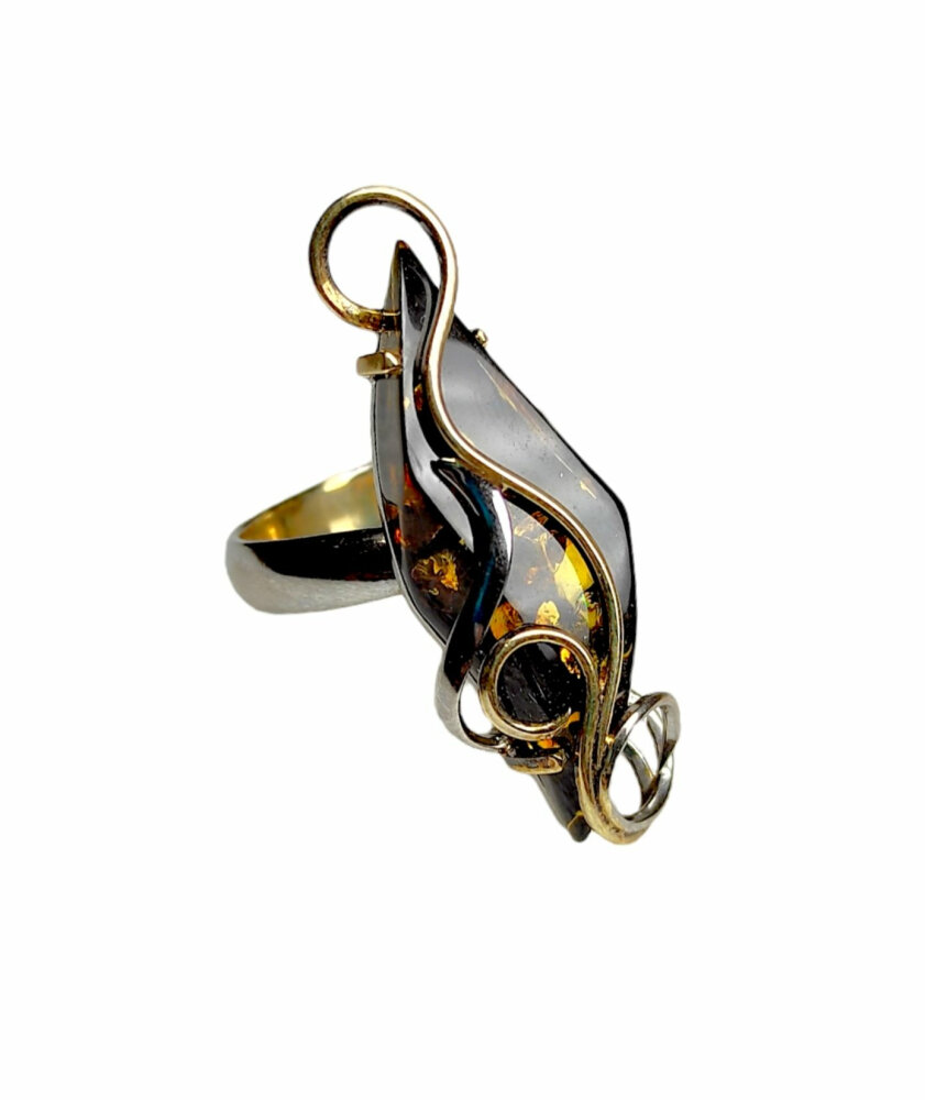 Перстень, серебро, 925 проба, родирование, золочение, янтарь