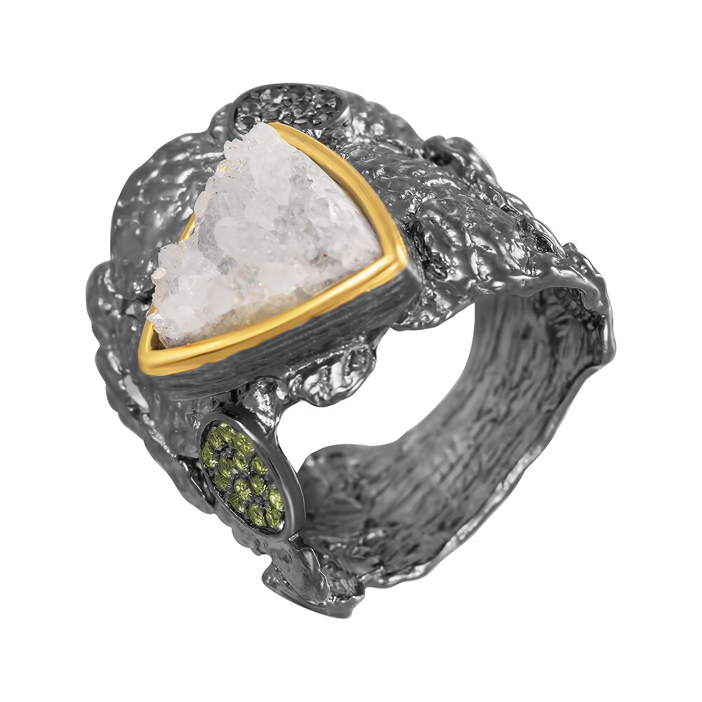 Кольцо широкое, серебро, 925 проба, родирование, хризолит