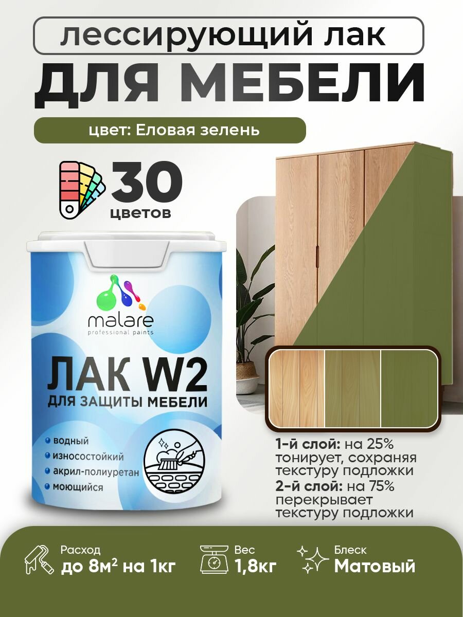 Лак колерованный тонирующий лак для мебели Malare W2 для кухонных фасадов, для дерева и минеральных поверхностей, акриловый быстросохнущий без запаха, матовый, еловая зелень, 1.8 кг.
