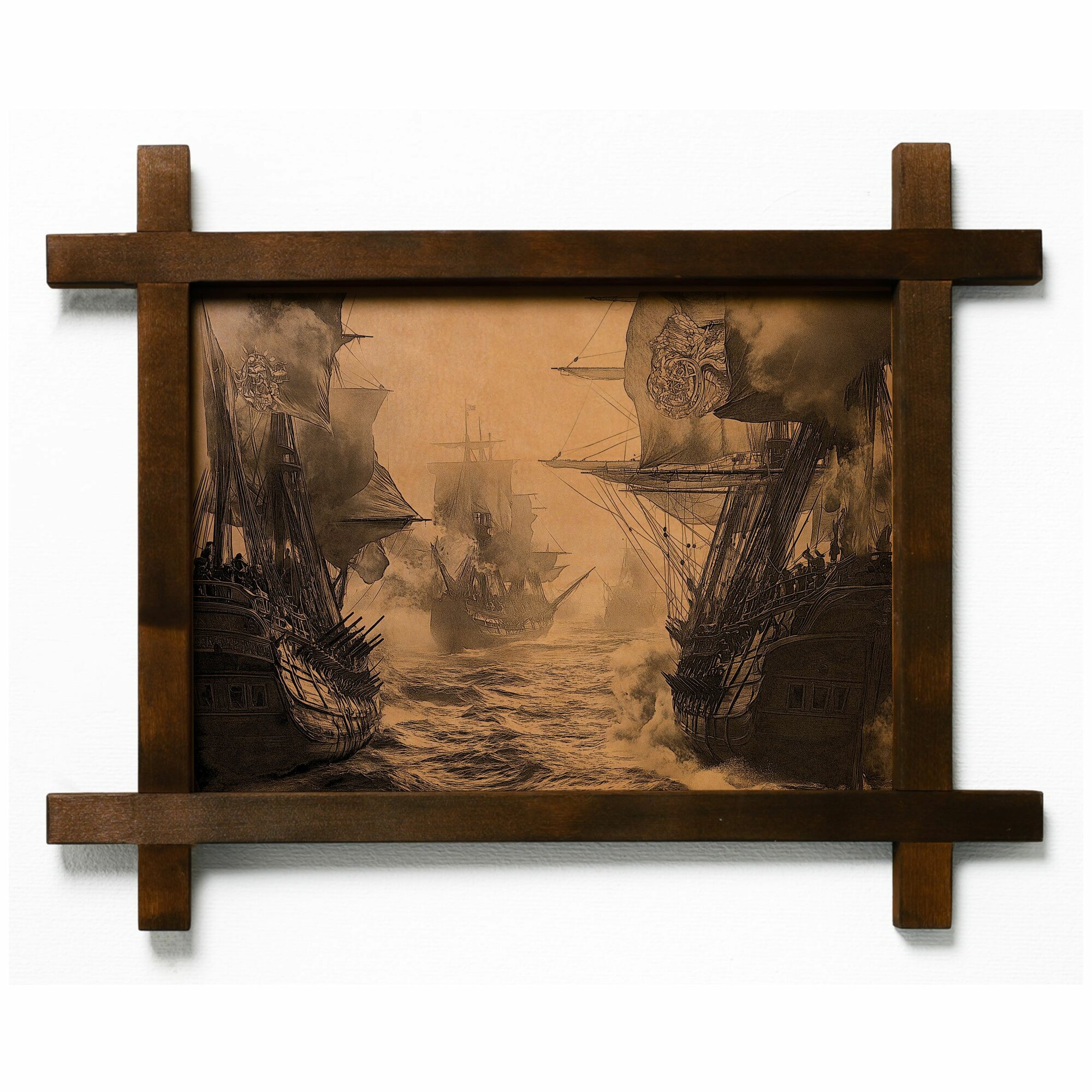 Интерьерная картина из натуральной кожи "Пиратское сражение", декоративное настенное панно в деревянной раме, BoomGift