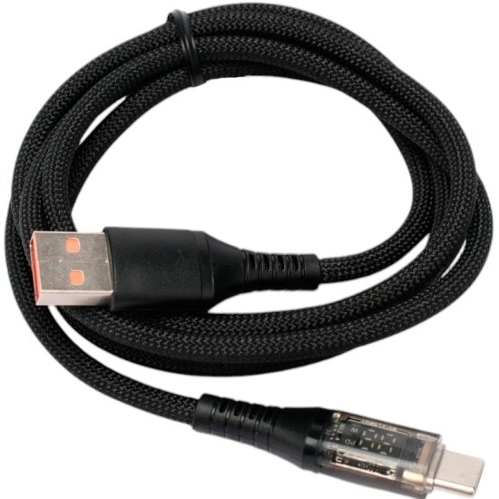 Кабель Cablexpert USB2.0 , AM/Type-C, 6A, 66Вт, QC3.0, дисплей, оплетка, медь, 1м, черный