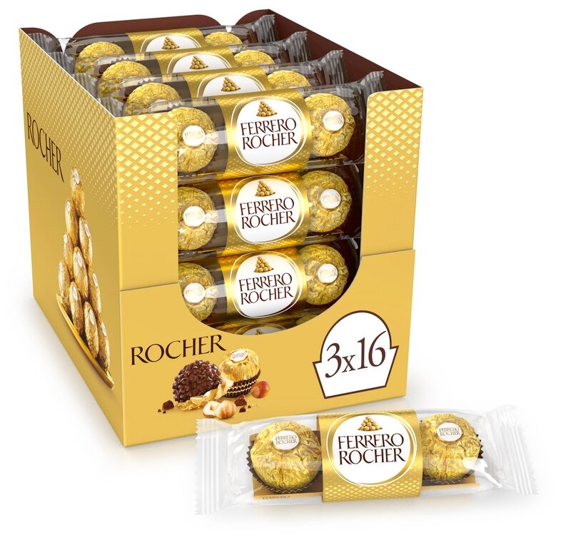 Конфеты в коробке Ferrero Rocher из молочного шоколада с начинкой из крема и лесного ореха, 37,5 г*16 шт