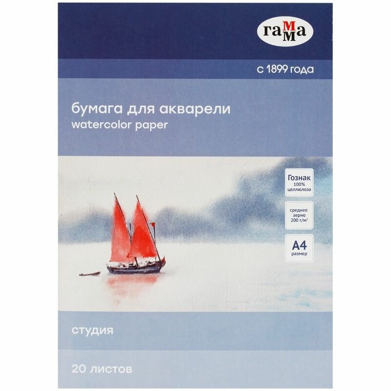 Папка для акварели Гамма "Студия", 20 листов, А4, 200 г/м2, среднее зерно (40C03F720W)