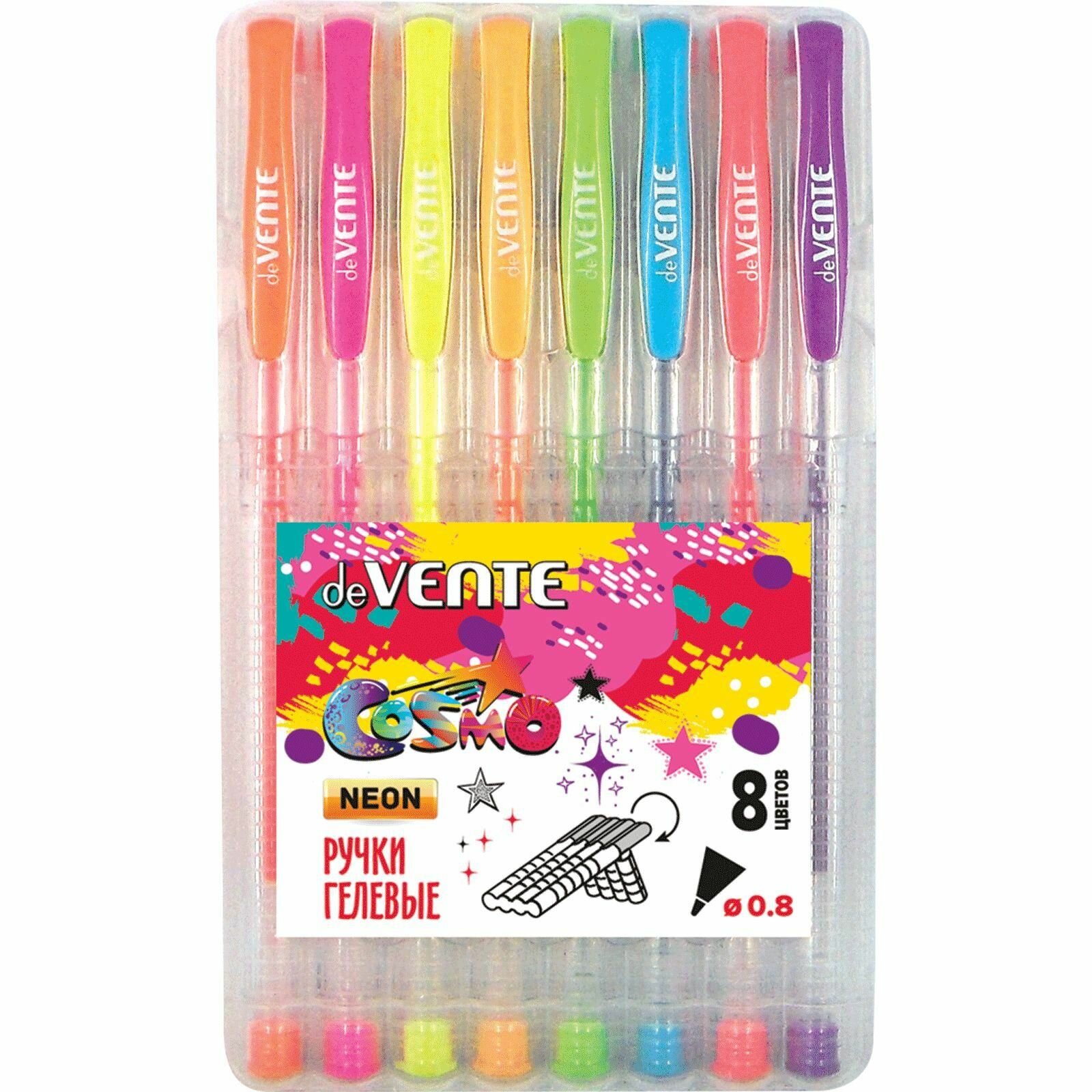 Гелевые ручки deVENTE "Cosmo Fluo", 8 цветов, флуоресцентные неоновые, 0,8 мм (5051036)