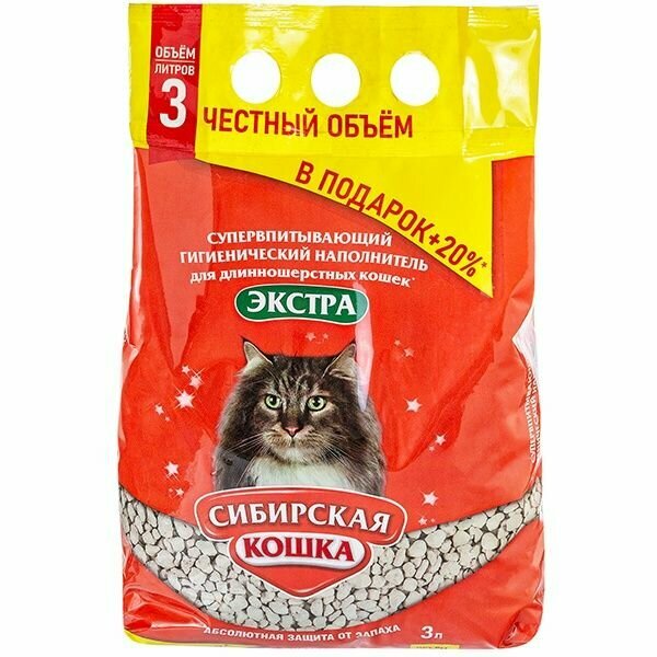 Наполнитель для лотка Сибирская кошка 3 л "Экстра" для длинношерстных пород, минеральный
