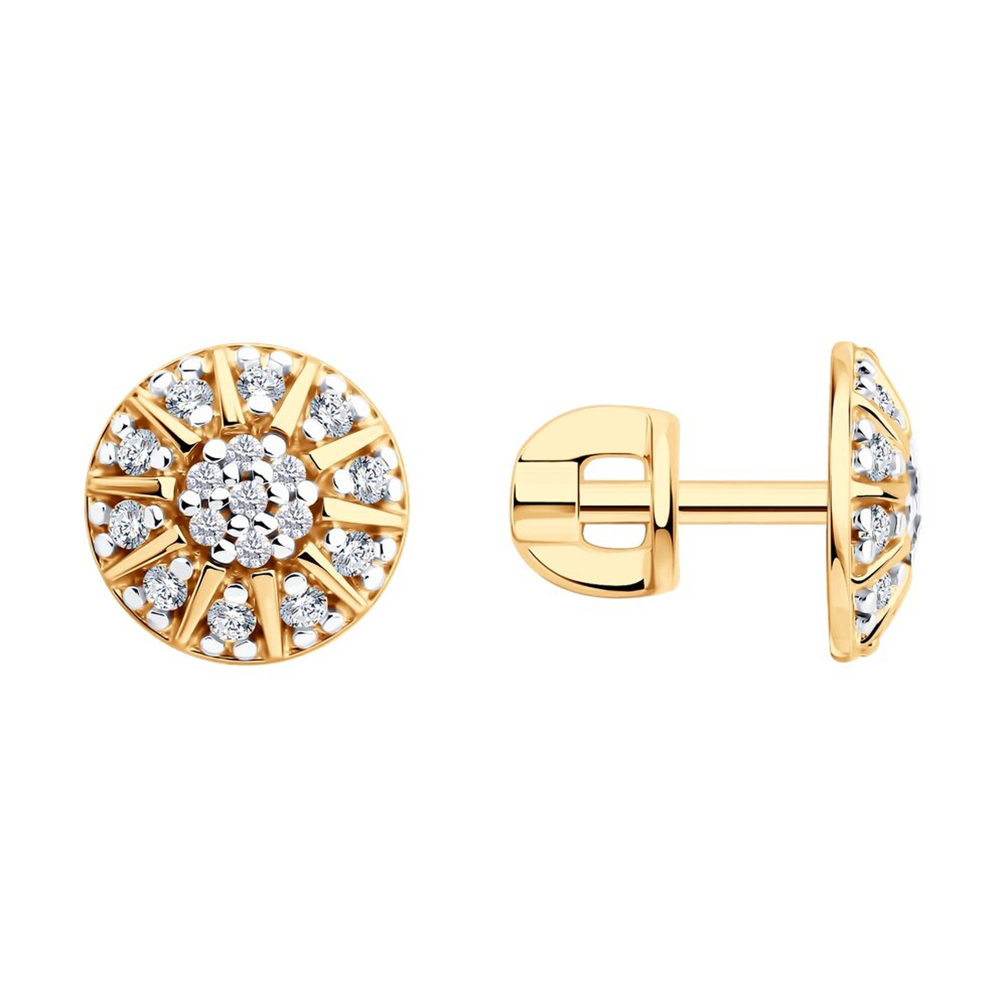 Серьги пусеты, серебро, 925 проба, золочение, фианит