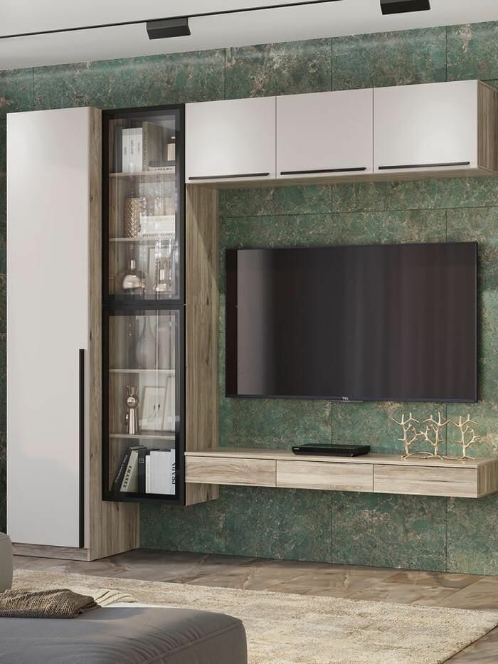 Гостиная комплект Урбан Миди, шкаф-витрина, шкаф-пенал, тумба, 250.2х51х229.3 см, Дуб смоки / Кашемир