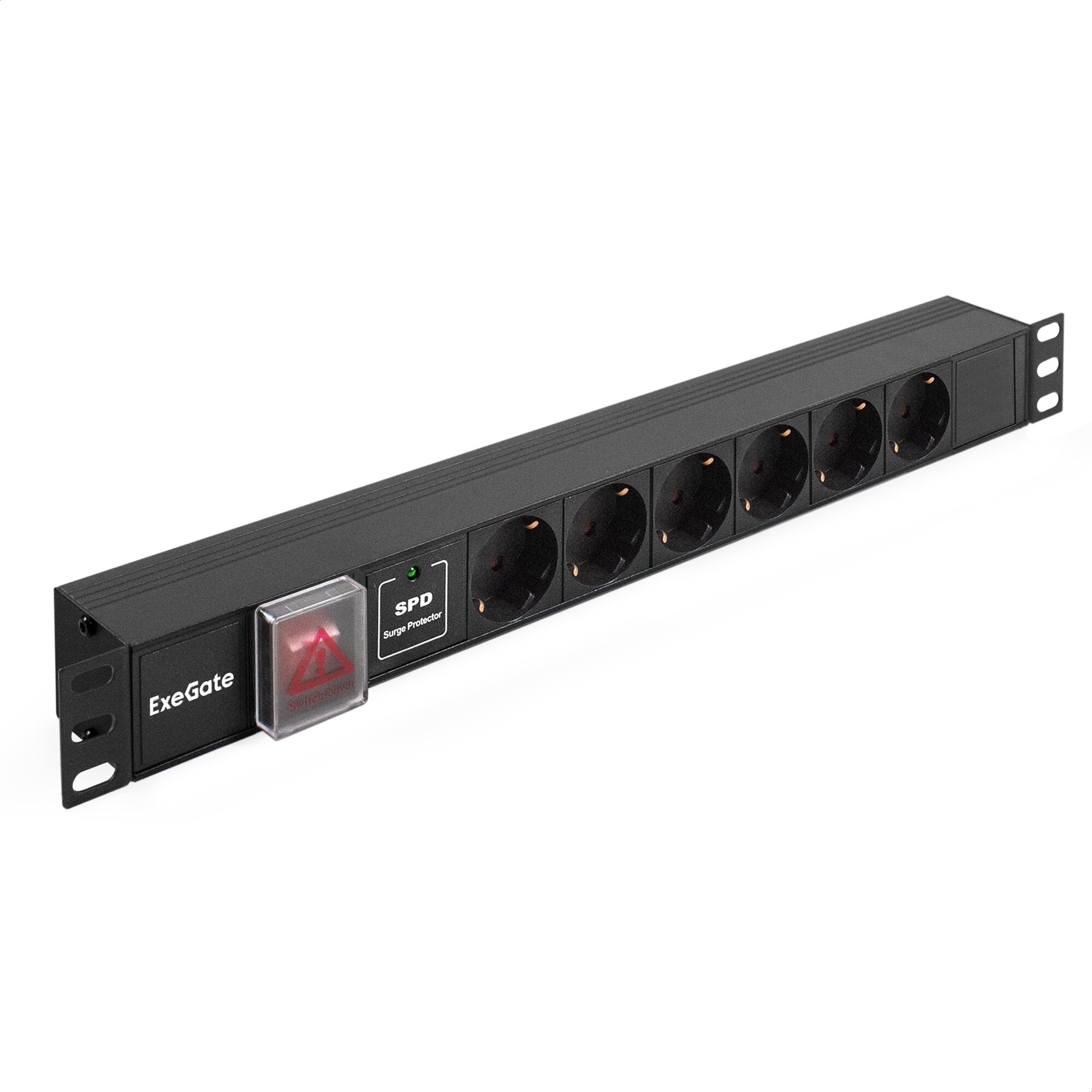 Блок розеток с сетевым фильтром (Surge Protect), выключателем с подсветкой и разъемом подключения C14 ExeGate ServerPro PDU-19H607 Al-6S-C14-SW-SPD1 (19", 1U, Алюминий, 6 Schuko, C14, выкл. с подсветкой, SPD1, черный, RTL) EX280832RUS