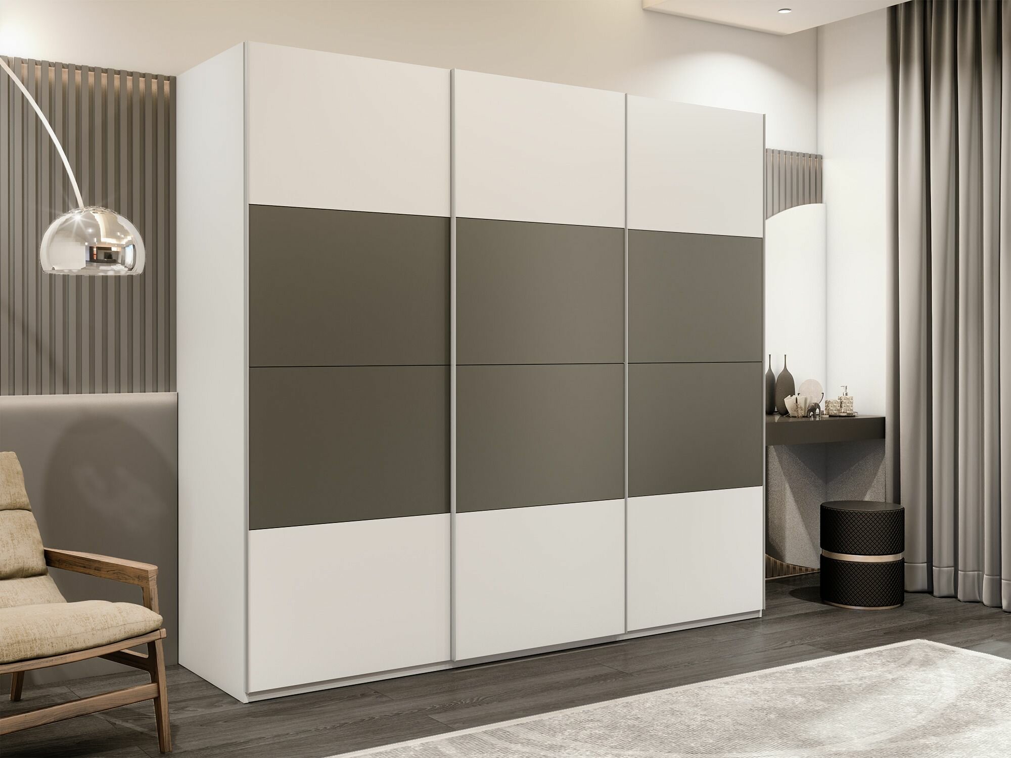 Шкаф-купе Эста 3-х дверный ДСП/Стекла хаки/Доводчик 300х66х240, Е1, Белый