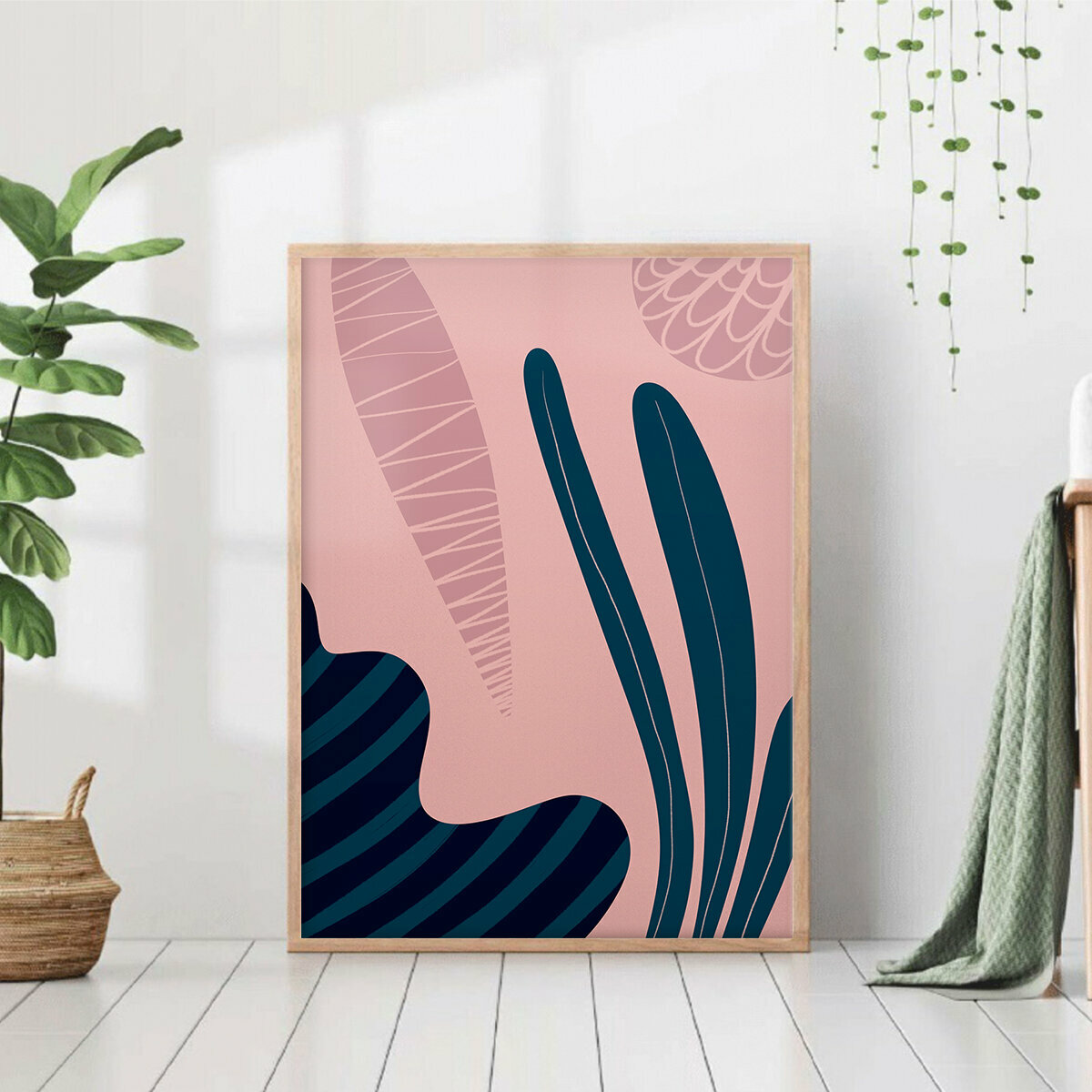 Постер "Абстракция зеленые листья на розовом" 40x50 без рамки на стену для интерьера