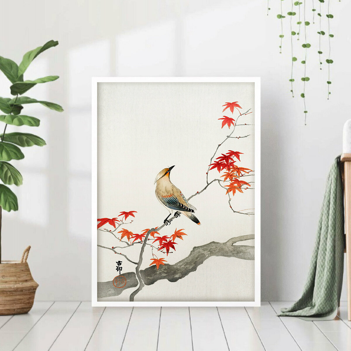 Постер "Птица на ветке живопись" в белой рамке 40x50 см для интерьера на стену