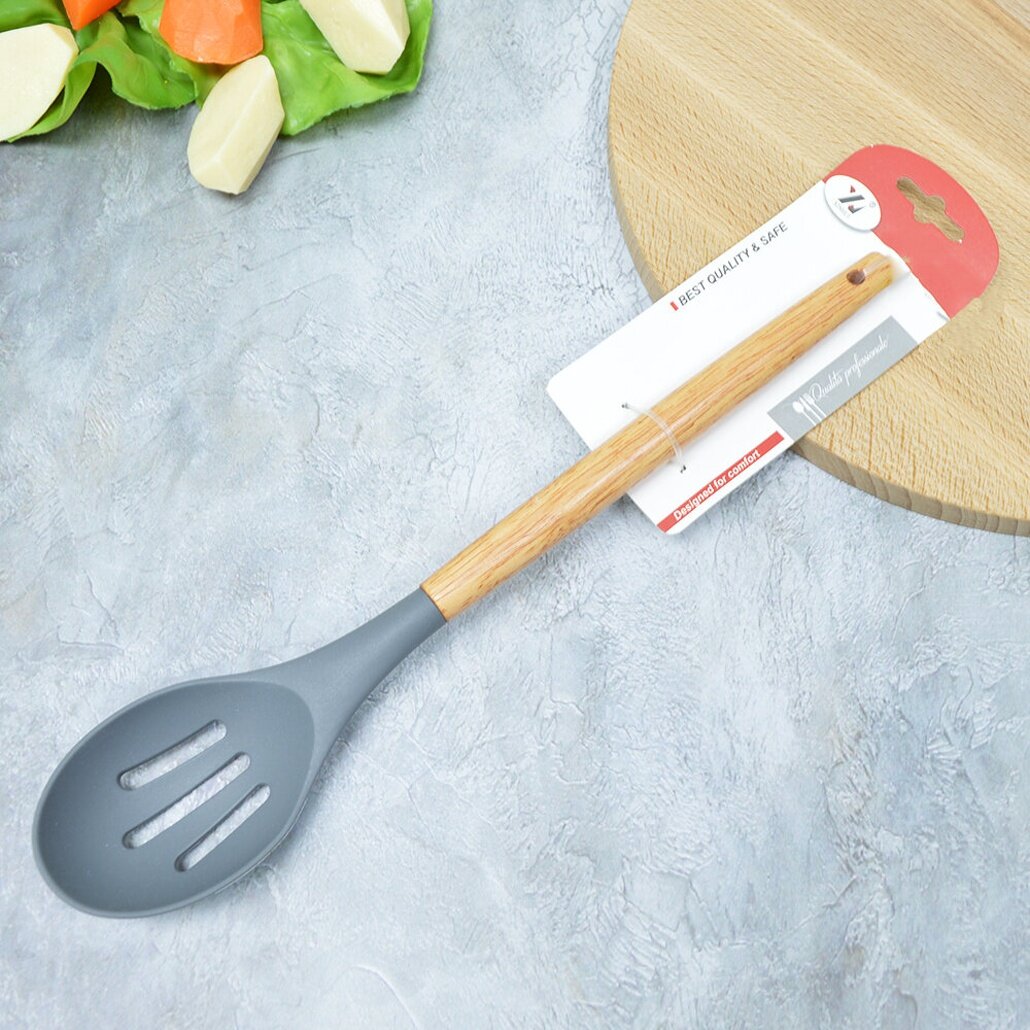 Шумовка силиконовая с деревянной ручкой, 31.5*6.2см, безопасна для антипригарных поверхностей