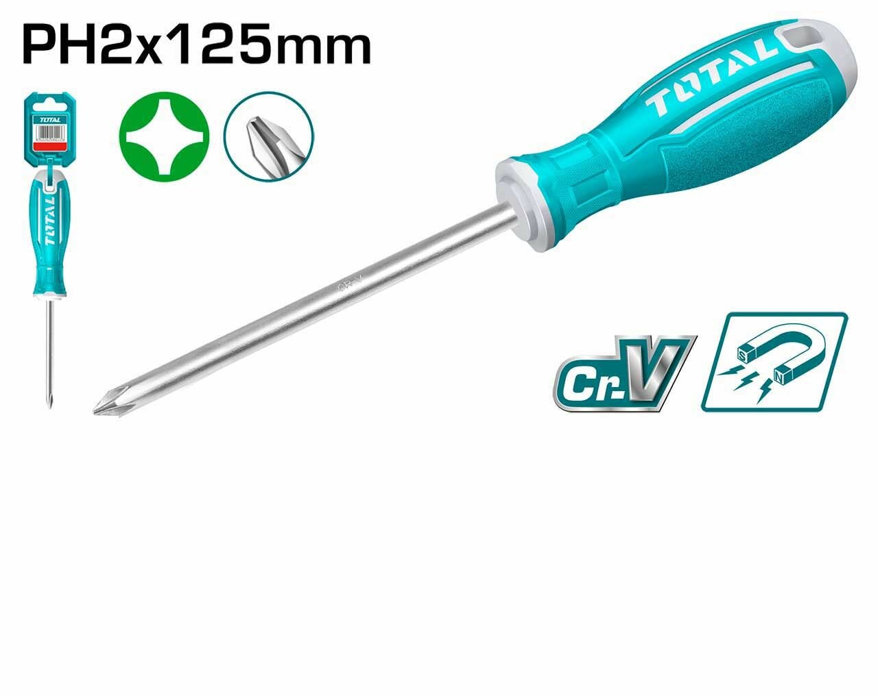 Отвертка крестовая PH2x125мм TOTAL THT26PH2125 с магнитным наконечником