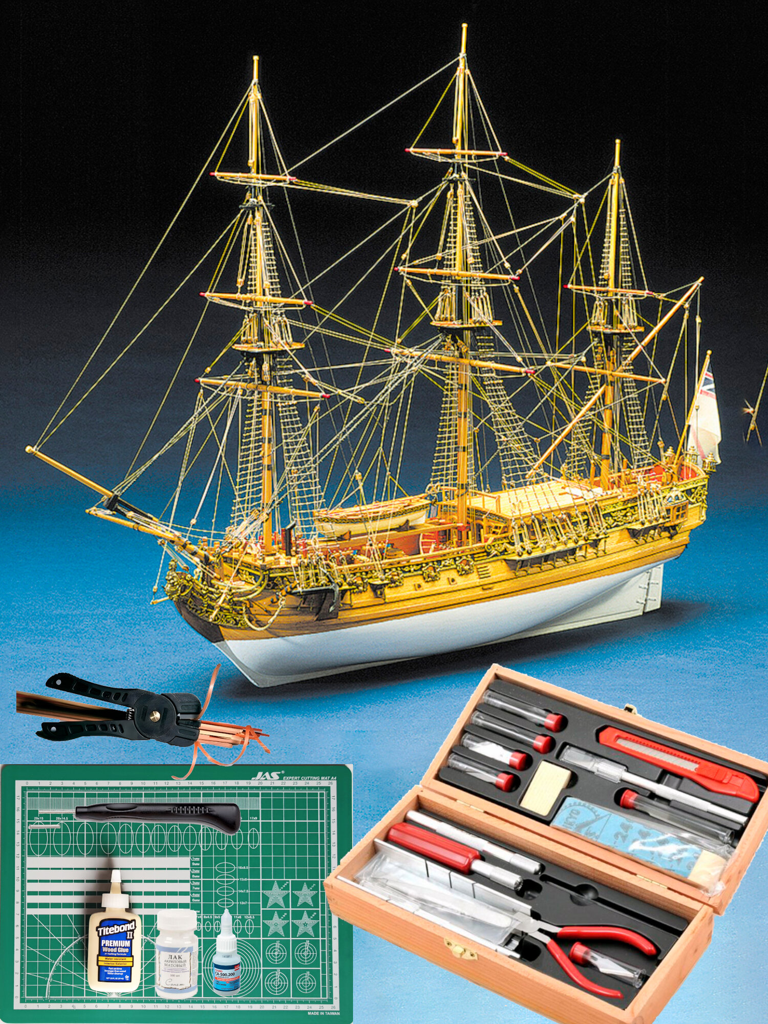 Сборная деревянная модель от Mantua, яхта Royal Caroline, 650 часов, подарочный набор, инструменты, лак и клея