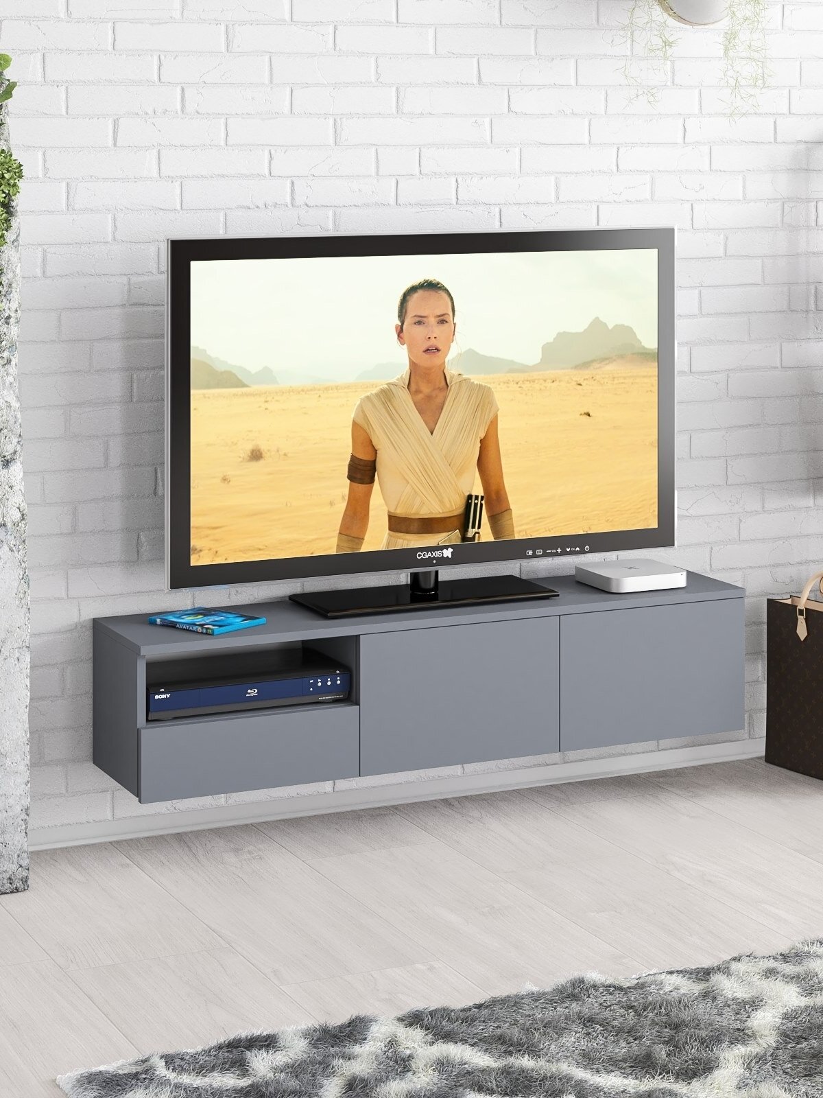 ТВ-тумба для телевизора подвесная выдвижной ящик и дверки Сити-10, графит, 140х31х31 см.