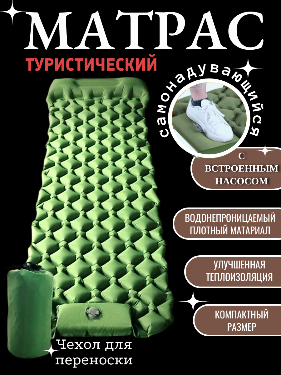 Туристический матрас, самонадувающийся, надувной коврик, походный, 190x60x5 см