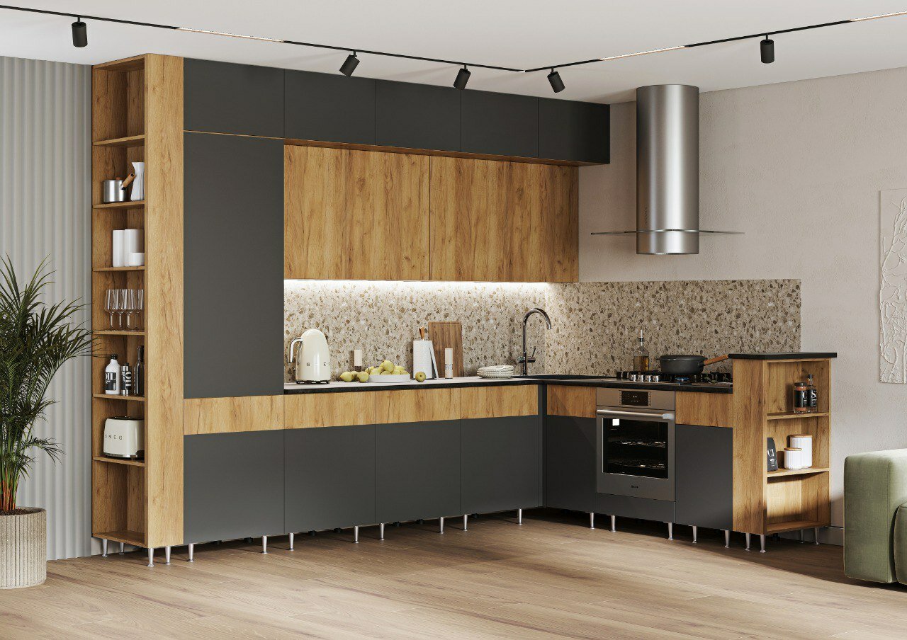 Угловая кухня Миф Техно-5 3,2*2,24м (Дуб/Графит софт NEW, Белый (Кастилло темный))