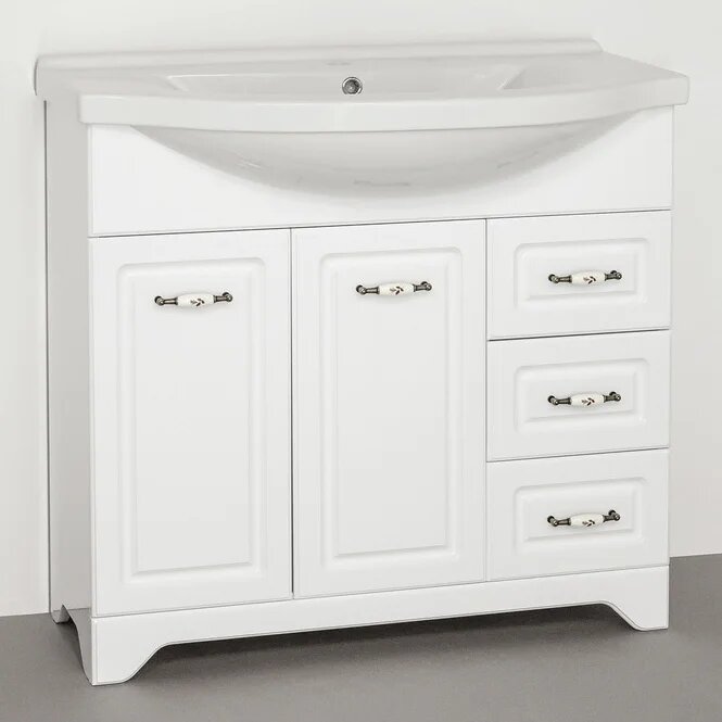 Тумба с раковиной Style Line Олеандр-2 90 напольная, 90, 5 см, белая, глянцевая, из МДФ, с ящиками, с дверками, раковина для ванной фарфоровая, полукруглая, встроенный слив-перелив