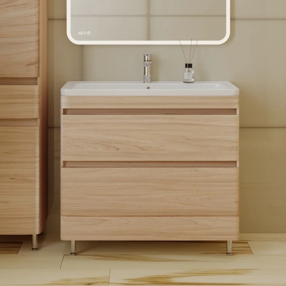 Тумба с раковиной Style Line Атлантика 90 напольная, 90 см, светлое дерево, матовая, из МДФ, с ящиками, раковина для ванной, из искусственного мрамора, прямоугольная