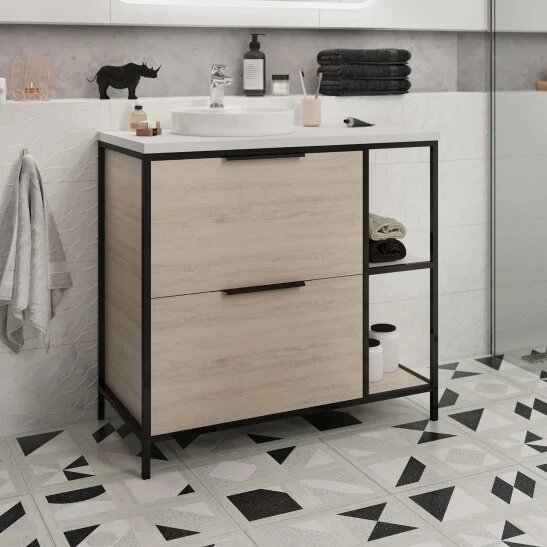 Тумба с раковиной Cersanit Боскет (Bosquet) 80 напольная, 80,4 см, со столешницей, белая, светлое дерево, матовая, из ЛДСП, с ящиками, раковина для ванной, фарфоровая, прямоугольная, лофт