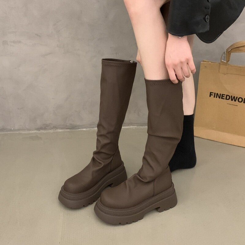 2025 новые осенне-зимние сапоги, женские, черные, до колена, обхват бедра, толстые, длинные сапоги, ворсистые сапоги