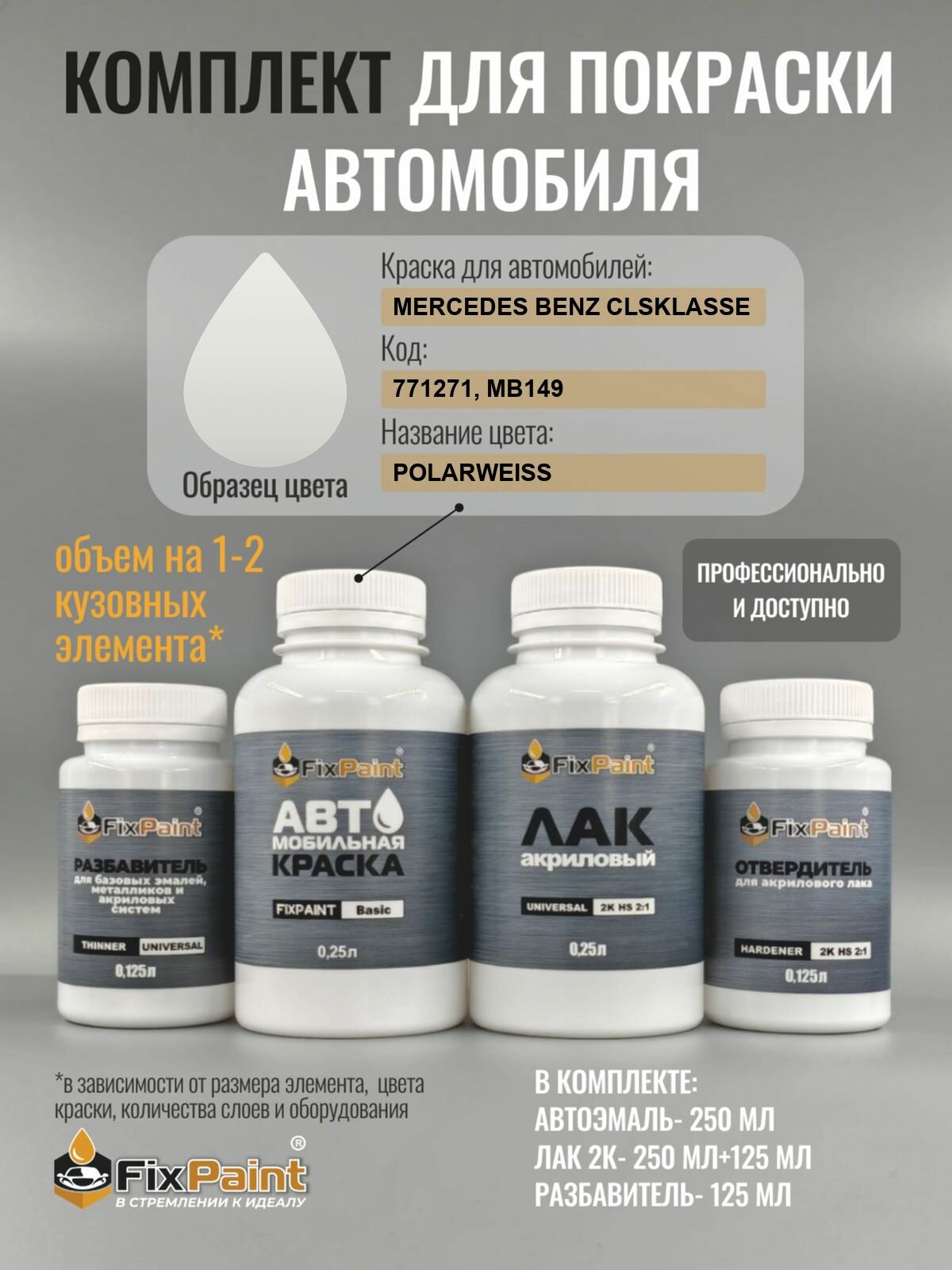 Комплект для покраски MERCEDES BENZ CLSKLASSE, код 771271, MB149, POLARWEISS, базовая автомобильная краска 250 мл, лак 2K 250 мл с отвердителем, разбавитель 125 мл, FixPaint Pro