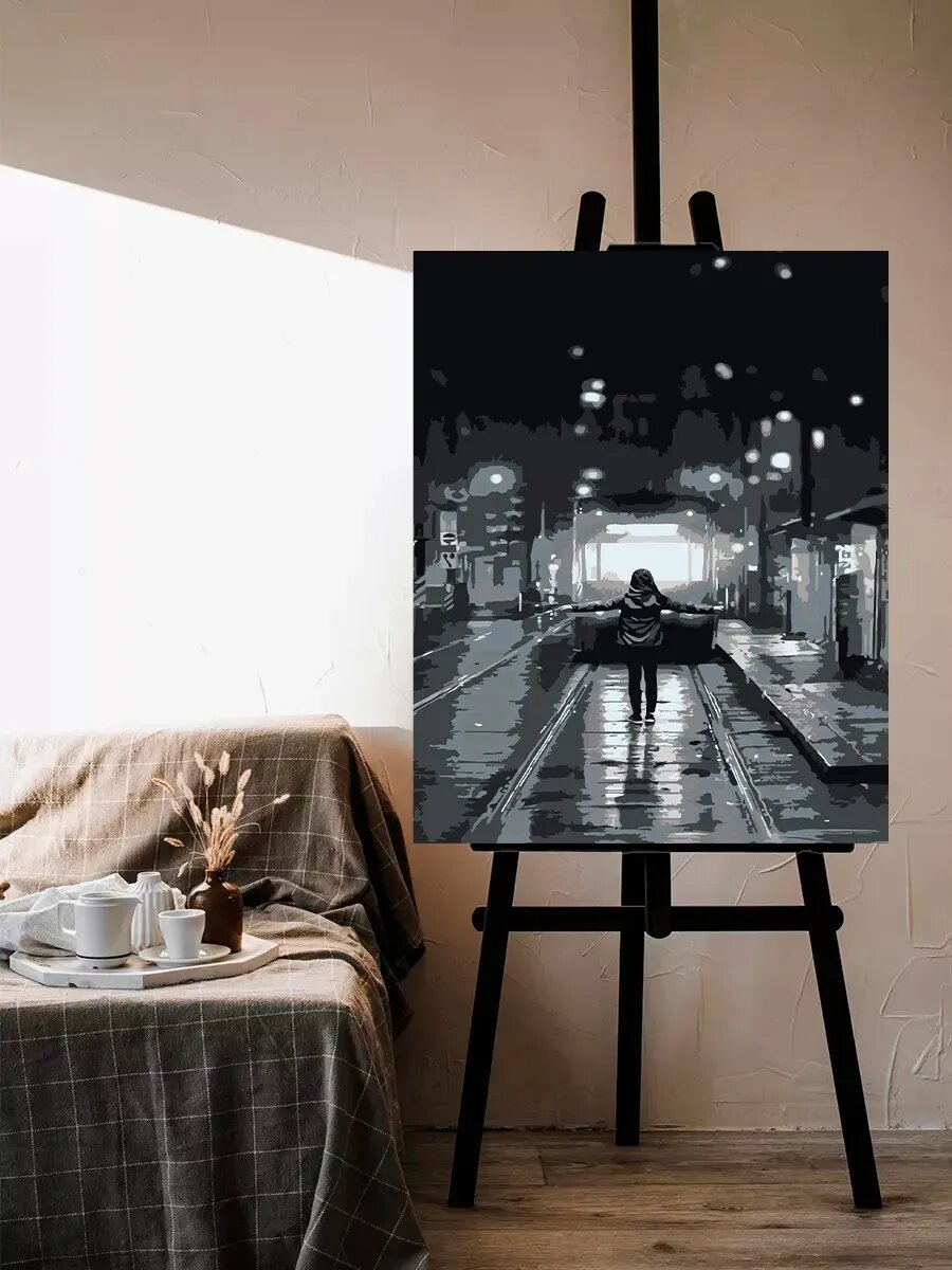 Картина по номерам Улицы Ночного Города Девушка Трамвай