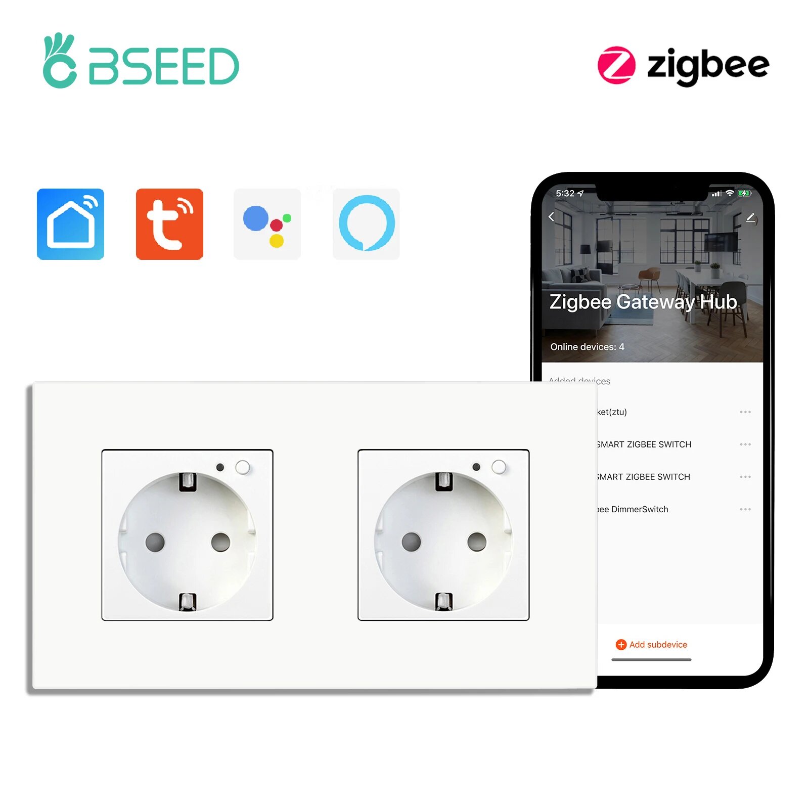 Умная розетка BSEED ZigBee двойная синяя подсветка
