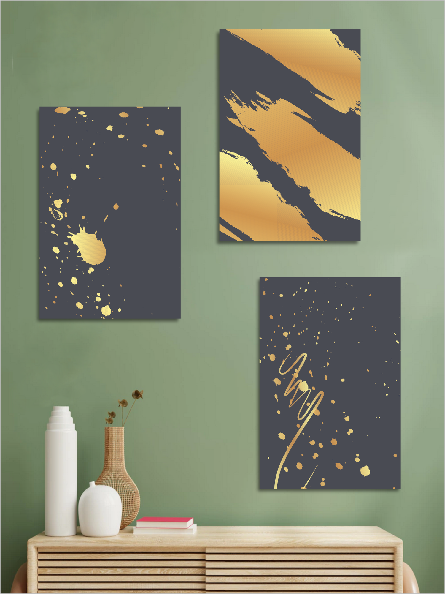 Модульная картина для интерьера на стену абстракция. Золотые пятна на тёмном фоне 40х60 см - 3 штуки на холсте на подрамнике
