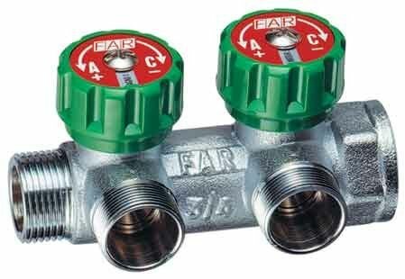 Регулирующий коллектор FAR 3/4" с 2 отводами. 1/2"HP евроконус