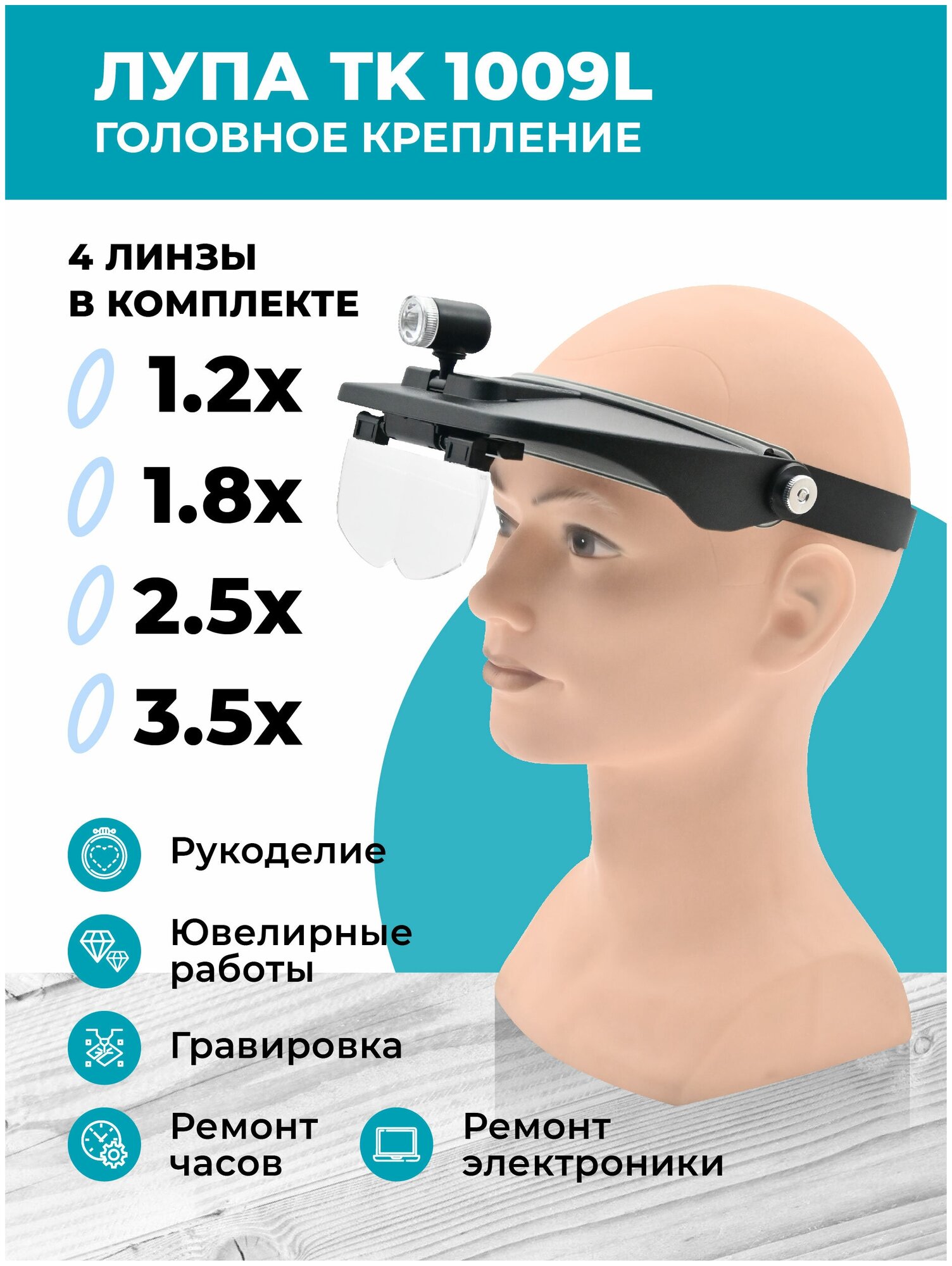 Лупа-очки с подсветкой TK1009L/Головное крепление/Лупа налобная бинокулярная/Увеличительные очки косметологические с подсветкой