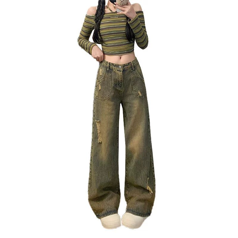 Женские джинсы Версия повышения Американские модницы рваные — осенние необычные дизайнерские высокоходные штаны