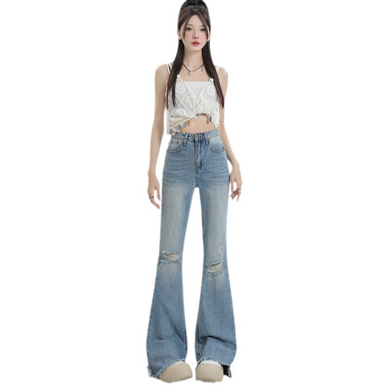 Женские джинсы Версия повышения Рваные джинсы — осенние новинки высокоходные стройные рваные флеровые штаны