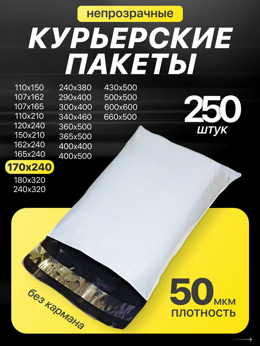 Курьерский пакет 170х240+40мм (50 мкм) 250 шт, упаковочный сейф-пакет без кармана
