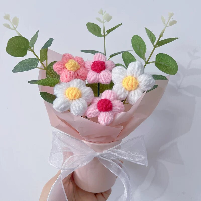 Креативный букет из пряжи ручной вязки, готовый продукт: вязаные розы и подсолнухи, искусственные цветочные украшения,