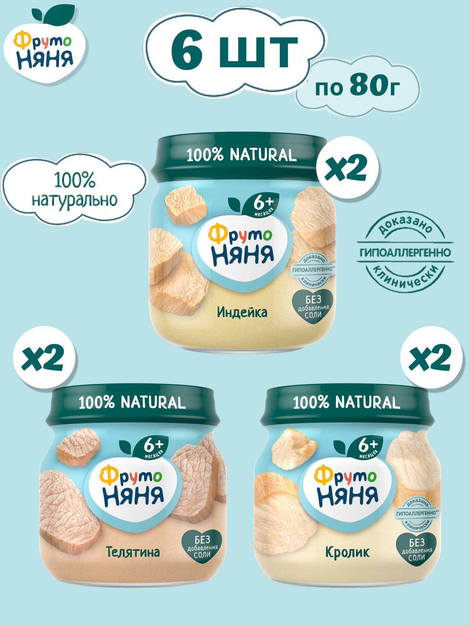 Пюре ФрутоНяня мясное, набор для прикорма: телятина, кролик, индейка, с 6 месяцев, без соли, гипоаллергенно, 6 х 80 грамм