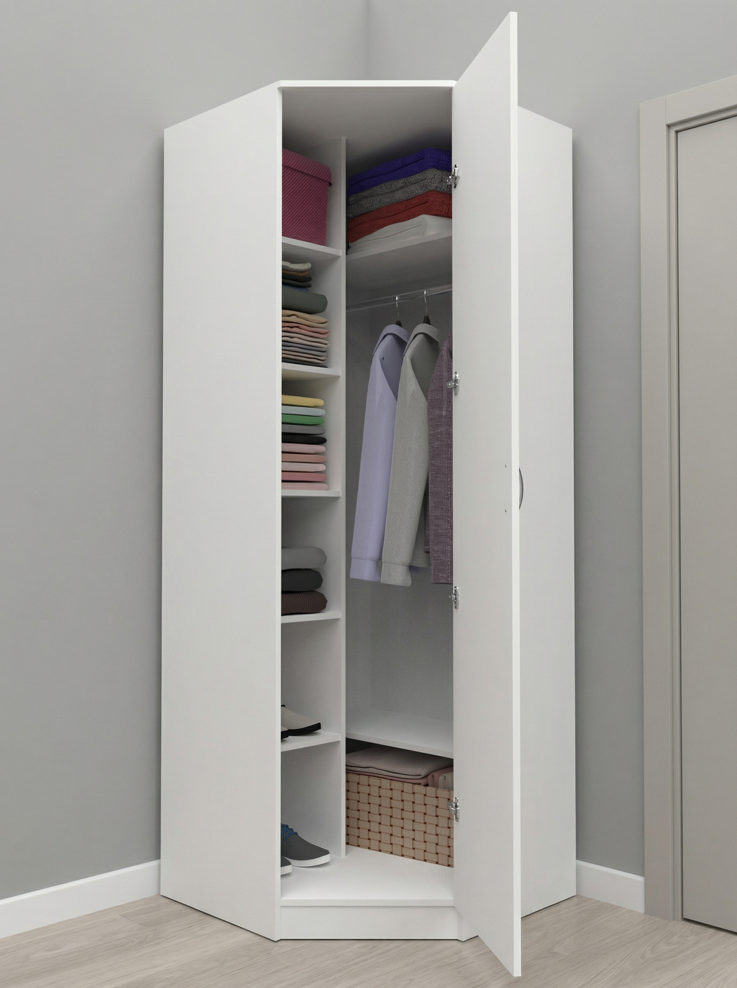 Шкаф угловой распашной Анри-1 с 8 полками и штангой для вешалок, белый