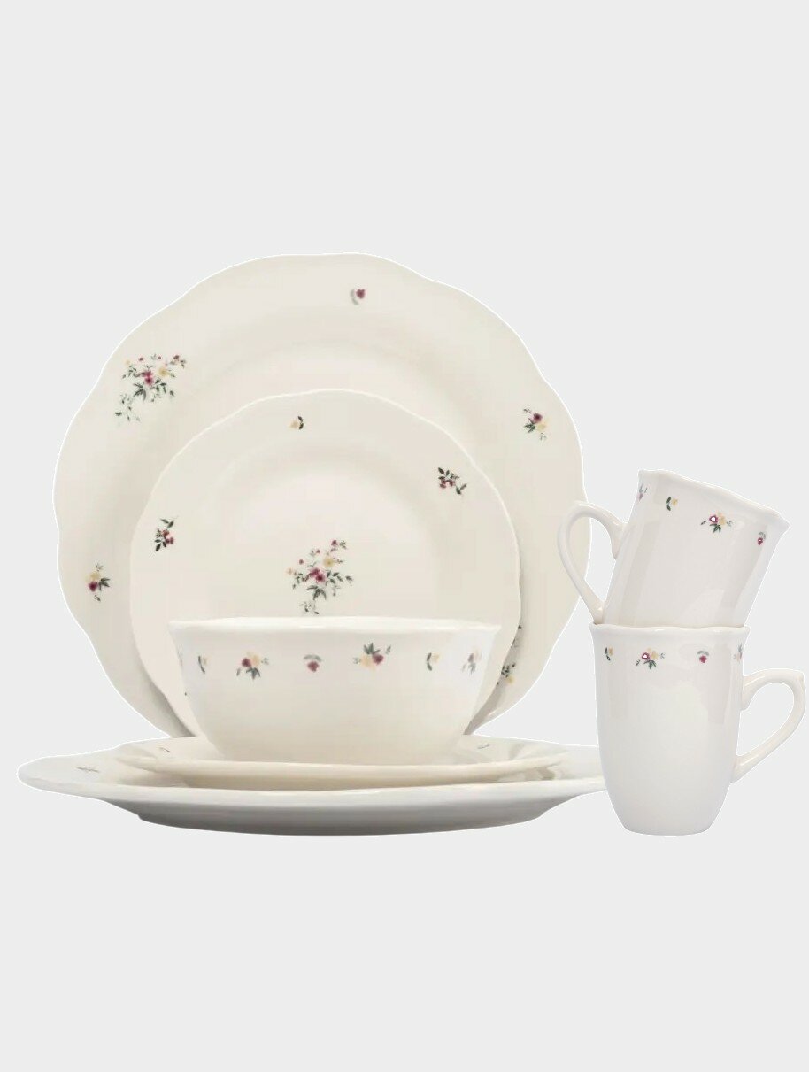 Сервиз обеденный с кружками, 6 персон, 24 предмета, костяной фарфор, белый, Цветы, Meadow (Anna Lafarg)